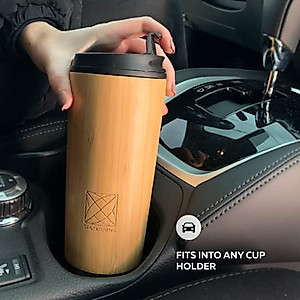 Santai Living Insulated Bamboo Travel Mug Tumbler Leak-Proof Black Flip Lid Coffee Cup Stainless Steel Thermos,16oz/400ml