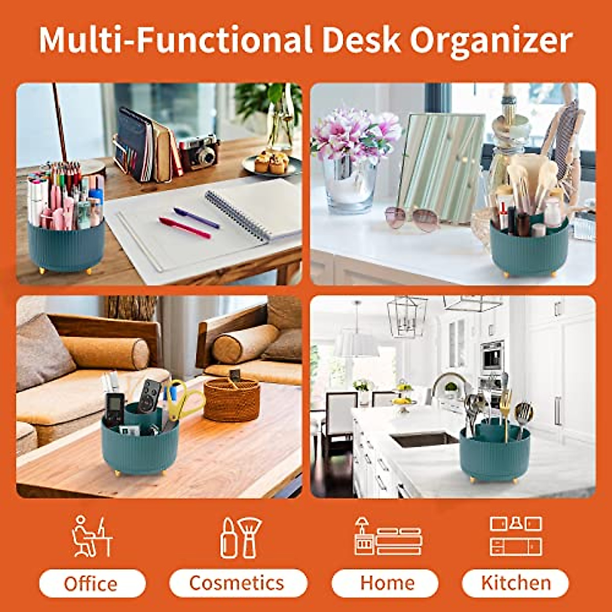 Desk Pencil Pen Holder, 5 Slots 360°Degree Rotating Pencil Pen Organizers for Desk, Desktop Storage Stationery Supplies Organizer, Cute Pencil Cup Pot for Office, School, Home, Art Supply, Dark Green