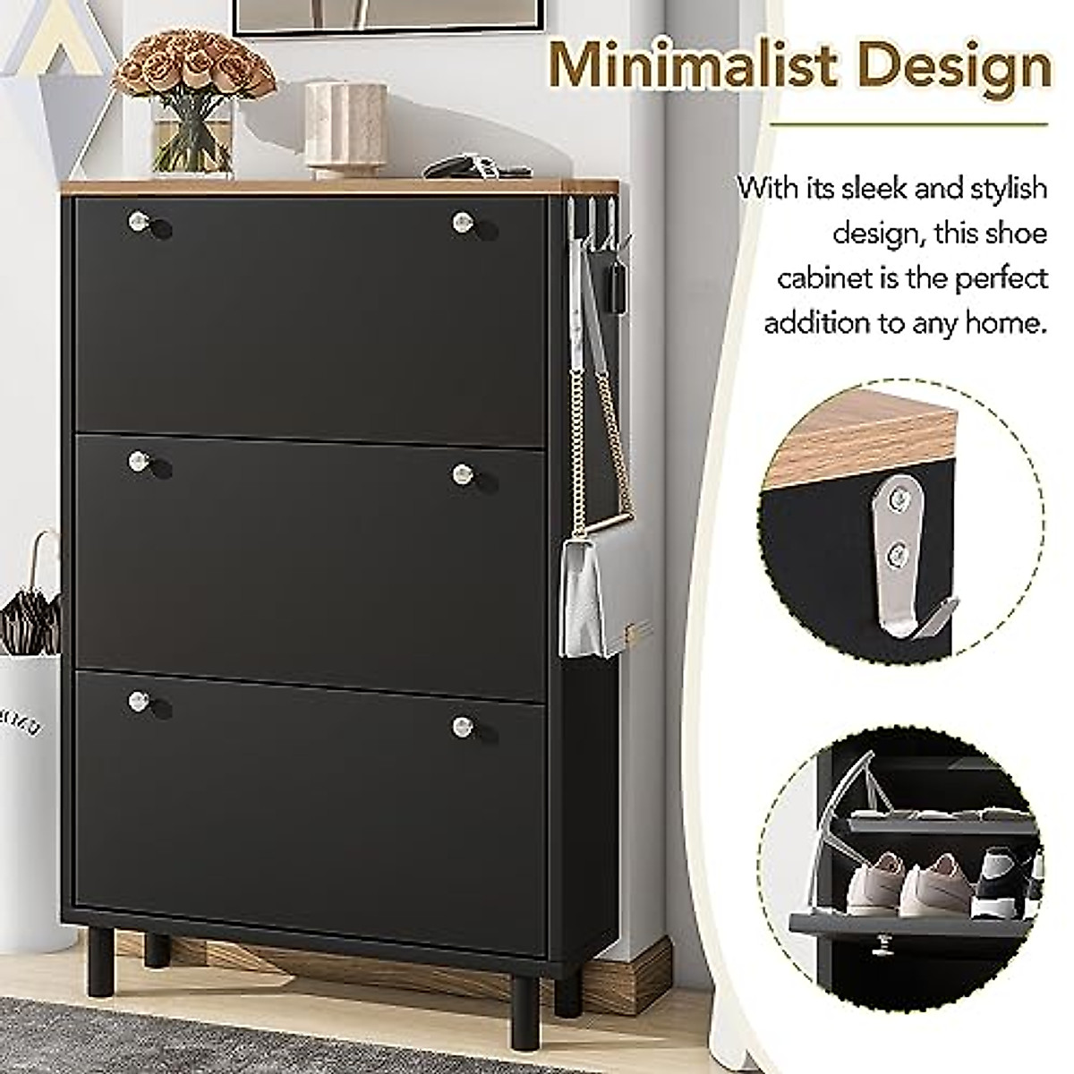 Goohome Narrow Design Shoe Cabinet with 3 Flip Drawers, Wood Grain Pattern Top Entryway Organizer with 3 Hooks, Free Standing Shoe Rack with Adjustable Panel, Modern Style Shoe Rack for Hallway