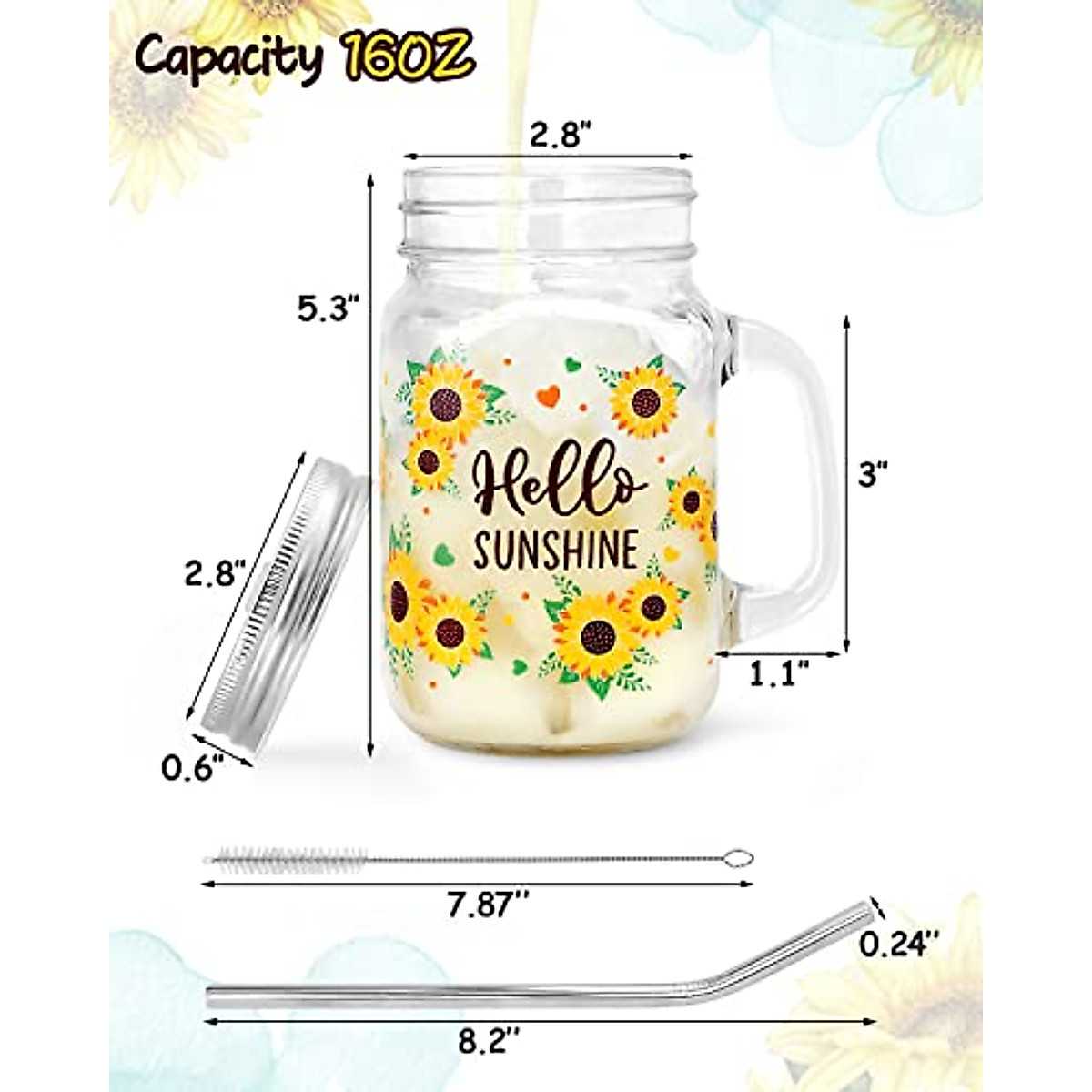 Sunflower Mason Jar Mug with Lid and Straw 16oz Glass Tumbler with Handle Bottle Set for Iced Coffee Smoothie Boba Milk Tea Juices Travel Hello Sunshine Wedding Thanksgiving Christmas Bridesmaid Gift