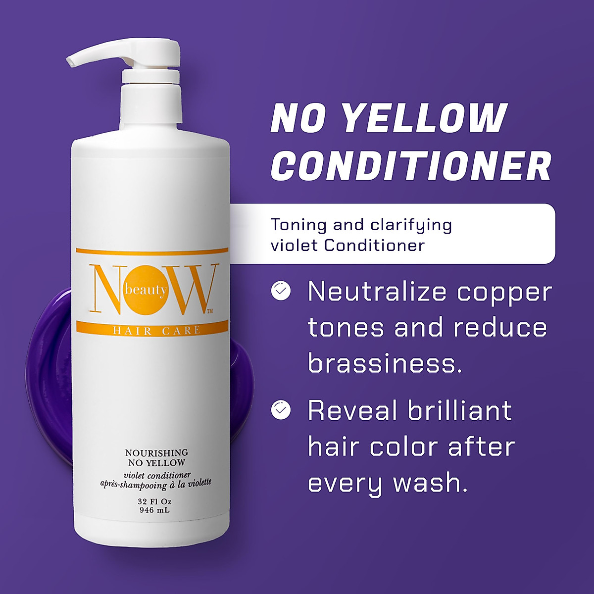 NOW BEAUTY Nourishing No Yellow Violet Conditioner - Deep Conditioner for Color - Treated Hair - Adds Texture & Shine to Hair - Vegan - Color Safe - Paraben & Sulfate Free - For Men & Women - 32 Oz
