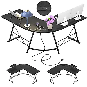 Ecoprsio L-Shaped Desk, Corner Desk with Outlets and USB Ports, Large L Computer Desk with Reversible Monitor Stand, 51 Inch L Shaped Gaming Desk for Gaming Room, Home Office, Workstation, Black