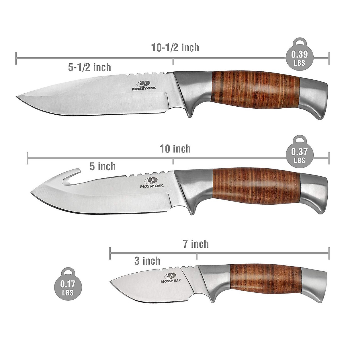 Mossy Oak Fixed Blade Hunting Knife Set - 3 Piece, Full Tang Leather Handle Straight Edge and Gut Hook Blades Game Processing Knife Set, Sheath Included