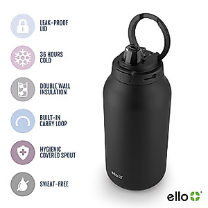 Ello Hydra Half Gallon Vacuum Insulated Stainless Steel Jug with Locking, Leak-Proof Lid and Soft Silicone Straw, Metal Reusable Water Bottle, Keeps Cold All Day, 64oz, Black