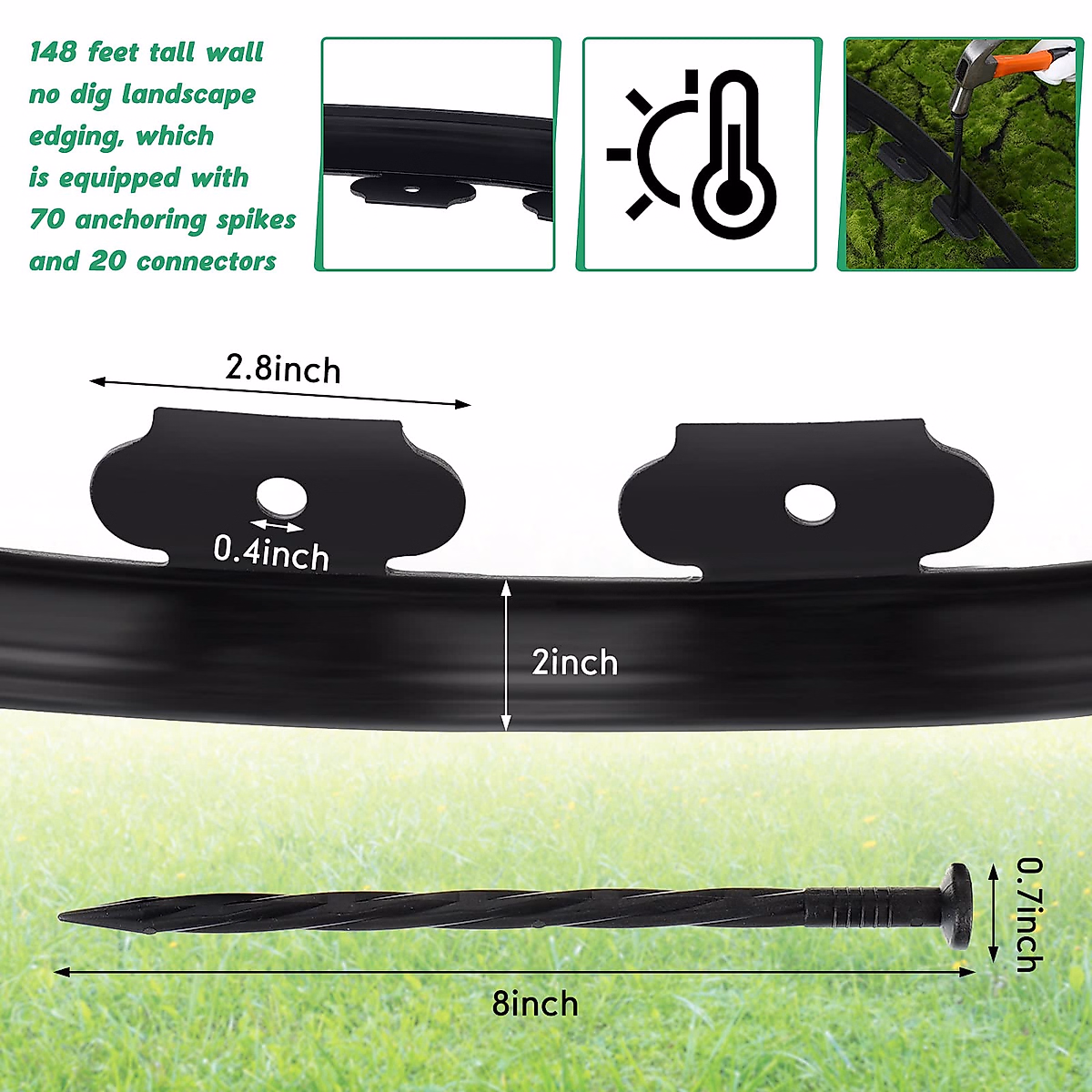 Queekay Landscape Edging Kit 148 ft with 70 Spikes 20 Connectors No Dig Plastic Border for Garden, Lawn, Yard, Pathway(Black,2 Inch)
