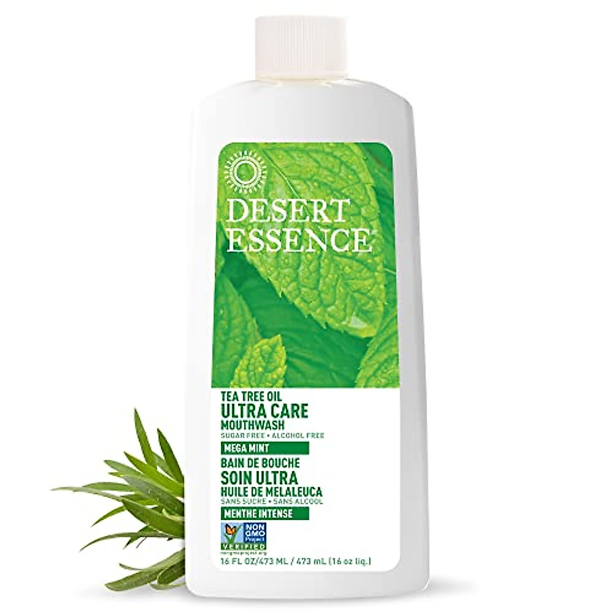 Desert Essence Ultra Care Mouthwash, Mega Mint, 16 fl oz - Alcohol Free, Sugar Free, Gluten Free, Vegan, Non-GMO - Aloe, Sage, Chamomile, Tea Tree Oil, Peppermint & Spearmint Essential Oils
