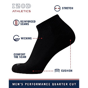 IZOD Men's Athletic Socks - Performance Cushion Quarter Socks (10 or 12 Pack), Size 6-12.5, Assorted (12Pk)