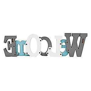 E-view Rustic Wooden Teal Home Sign Decorative Cutout Letters Freestanding Block Word Sign Hanging Ornament Table Shelf Decor (Welcome)