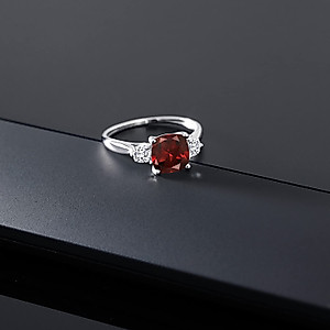 Gem Stone King 10K White Gold Red Garnet and White Moissanite 3 Stone Engagement Ring For Women (2.11 Cttw, Cushion 7MM, Gemstone January Birthstone) (Size 5)