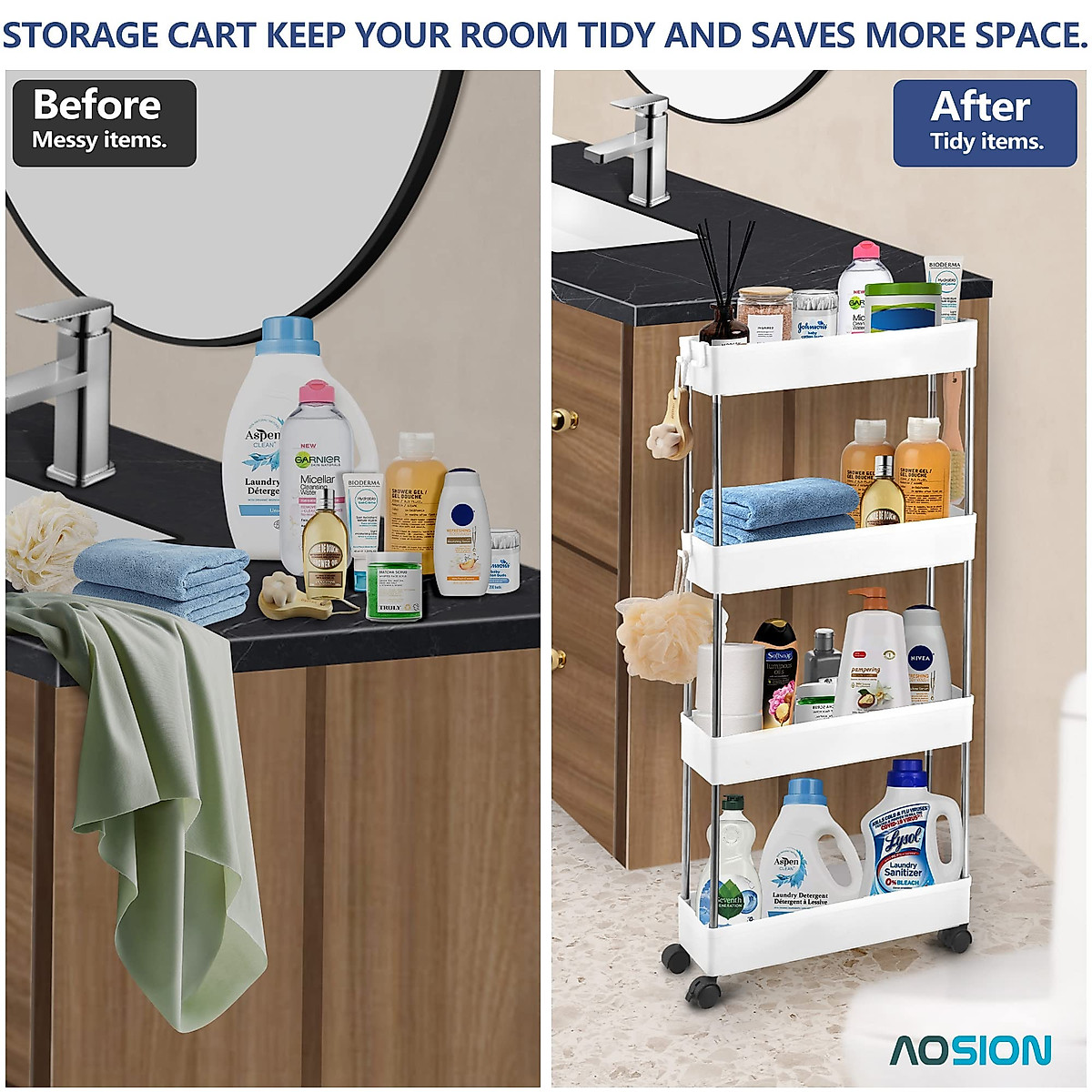AOSION Slim Storage Cart with Wheels, White, 5.1in Width, 4-Tier Kitchen Storage Organizer, Waterproof and Rust-Proof