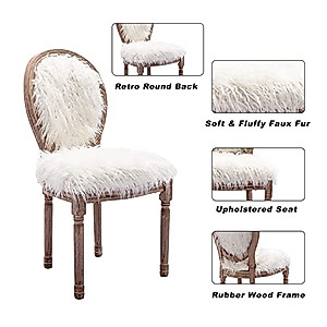 AWQM Faux Fur Dining Chairs Set of 2,Vintage Elegant French Chair with Round Back Distressed Wood,Mid Century Furry Vanity Chair,for Kitchen Dining Room Living Makeup Room, White
