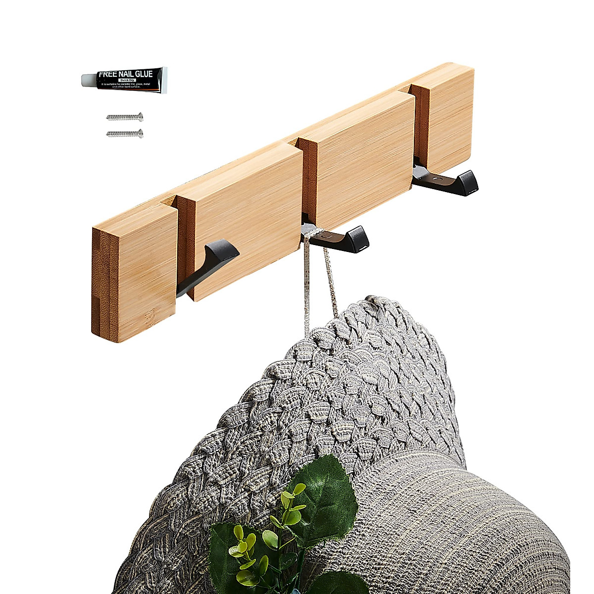 Wooden Coat Hooks, Coat Rack Wall Mounted with 3 Folding Hooks Hat Rack Modern Wall Floating Coat Hook Rack Adhesive & Wall Mounted, Coat Hiden Hooks for Coats, Hats, Scarves, Key Rack Towel Rack