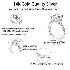 DovEggs Center 5ct 9x11mm G-H-I Color Cushion Cut Moissanite Hidden Halo Engagement Ring 14k Gold Quality Silver Weeding Ring Engagement Ring for Women（8.5）