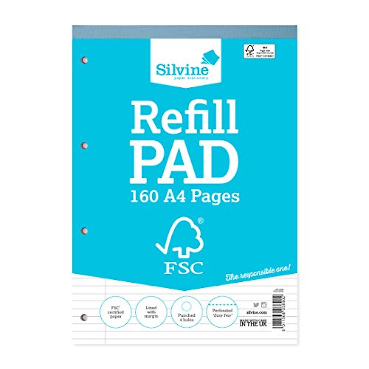 Silvine A4 Everyday FSC Refill Pad. Lined with Margin, 160 Pages of FSC Certified Paper. Ref FSCRP80 [Pack of 5]