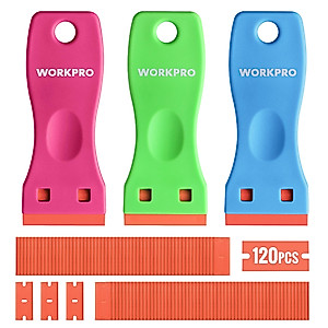 WORKPRO 3-Piece Plastic Razor Blade Scraper with 120 Pcs Plastic Razor Blades, for Gasket Remover, Labels Decal and Adhesive Remover for Windows and Glass