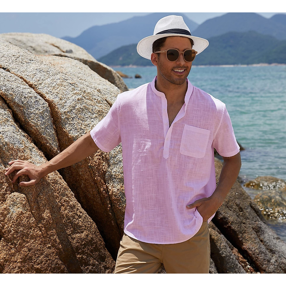 COOFANDY Men's Cotton Linen Henley Shirt Short Sleeve Hippie Casual Beach T-Shirts with Pocket Pink