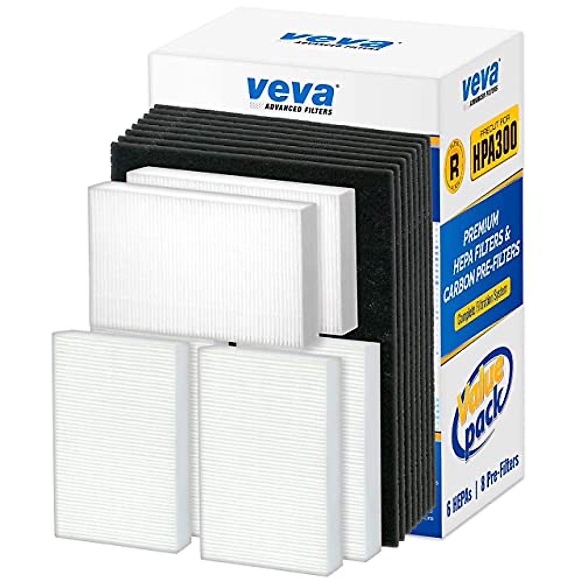 VEVA Air Purifier Filter Replacement - 6 Pack of HEPA Air Filters w/ 8 Precut Activated Carbon Pre-Filters, Compatible with Honeywell HPA300 Purifiers & Filter R, HEPA Filter and Pre filters