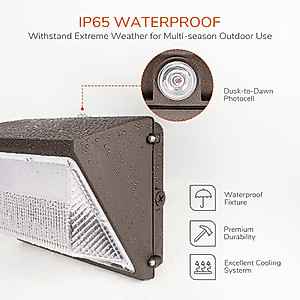 JJC 65W LED Wall Pack Dusk to Dawn Sensor Light Outdoor Commercial Lighting 7800LM 5000K Waterproof for Yard Garage Pathway