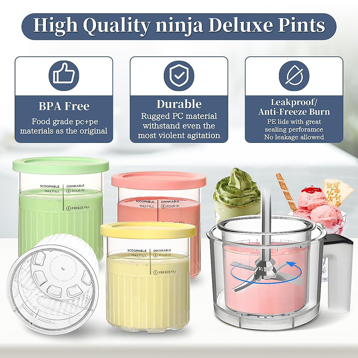 Ninja Creami Deluxe Pint Containers - Fit for CN501CO NC501 NC500, 11-in-1, 24oz XL Ice Cream Makers - 4 Pack Food Ninja Kitchen Creami Cups Bowls - Dishwasher Safe, BPA Free