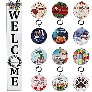 ECOGREDA Welcome Sign for Front Porch– 47inch with 12 Wooden Interchangeable Vertical Home Wall Decor(6 double sided disks), Standing and Hanging Farmhouse Outdoor Indoor Decor Welcome Door Sign for Fall Harvest Halloween Christmas(white)