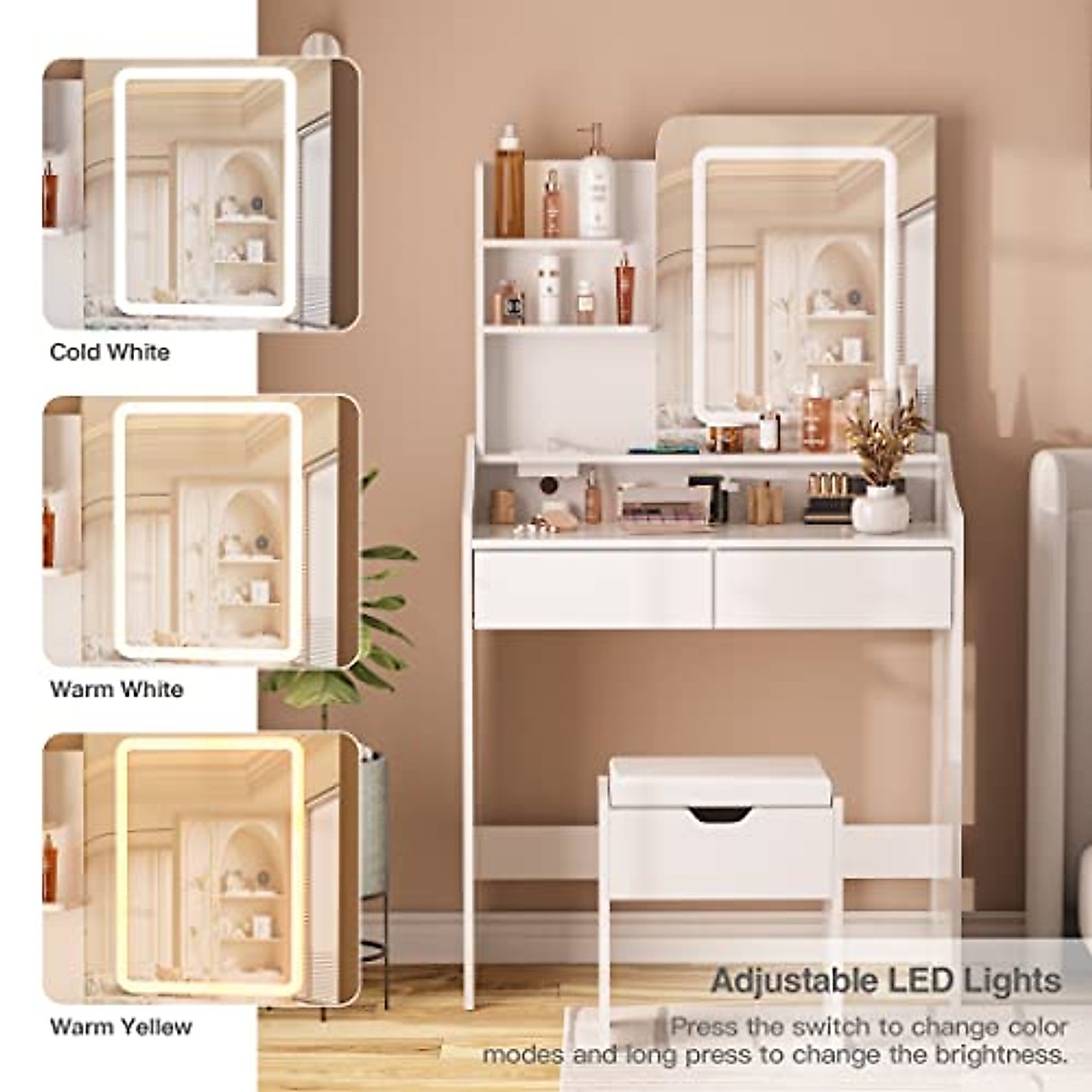 Vabches Vanity Desk with LED Light Mirror and Charging Station, Small Cute Vanity Set with 4 Storage Shelves 2 Drawers, Vanity for Girls Women with Storage Stool, Vanity Table for Bedroom (White)