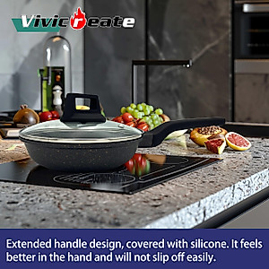 vivicreate cast aluminum deep fry pan with lid, Marble color non-stick coating, stainless steel bottom, long handle with rubber coating, European style deep fry pan, dishwasher machine (8 INCH)