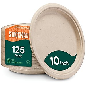 Paper Plates, 100% Compostable Heavy Duty Disposable 10 Inch Plate - [125-Pack] - {PFAS-Free} - {BPI Certified} Eco-Friendly, Biodegradable Bagasse