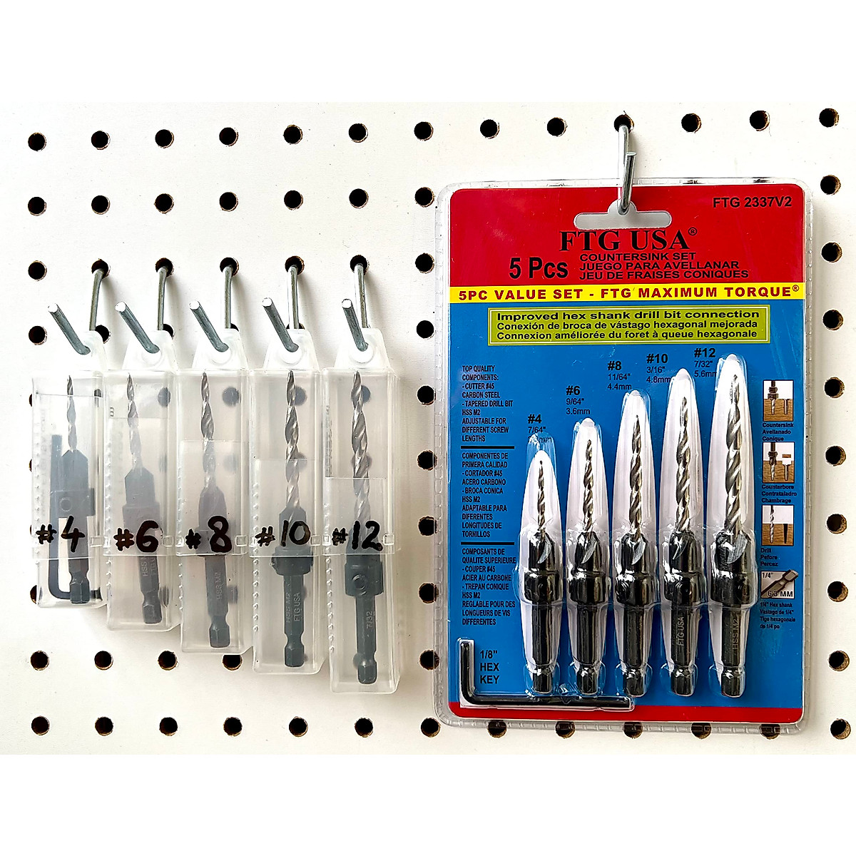 FTG USA Wood Countersink Drill Bit Set 5 Pc Countersink Drill Bit #4, 6, 8, 10, 12, Tapered Drill Bits with 1/4" Hex Shank Quick Change, Allen Wrench, and 6 Pc Storage Containers
