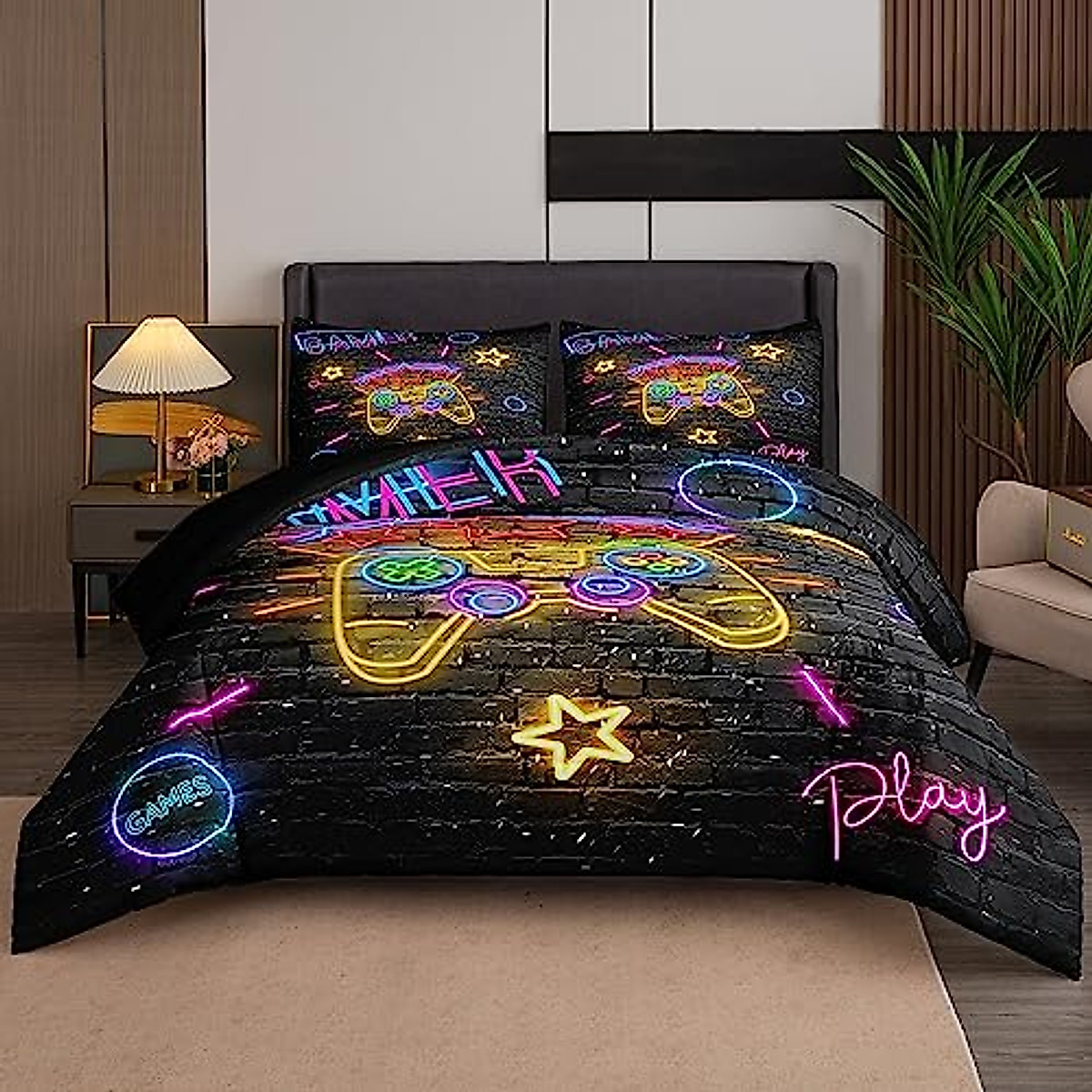 MWMWMW Kids Bedding Sets for Boys Teens, Boys Queen Comforter Set, Gaming Comforter Sets for Boys, 3D Gaming Geometric Lightweight Microfiber Bedding Sets (1 Comforter +2 Pillowcases)