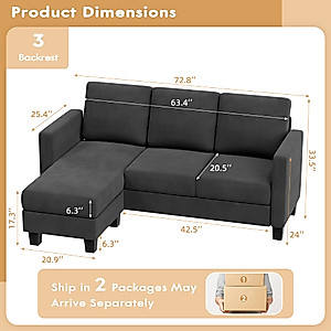 VICTONE Convertible Sectional Sofa Couch, 3 Seat L-Shaped Sofa with Linen Fabric Ottoman Small Couch for Small Apartments, Living Room and Office (Dark Gray)