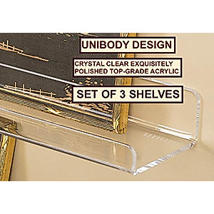 Unum Set of 3 15" Acrylic Floating Wall Ledges/Display Shelves – 5MM Thick Invisible Spice Racks - Crystal Clear Photo Ledge - Nursery/Kids' Bookshelf - 15" L x 4" D x 2" H (3-Pack)