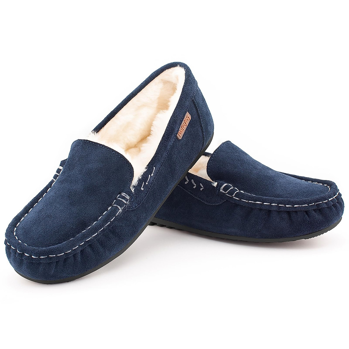Parfeying Women's Sheepskin Moccasin Slippers Cow Suede Memory Foam Driving Style Loafers,L20102 INDI 9US Indigo/Indigo