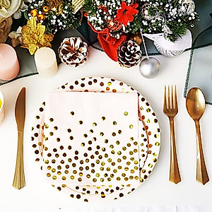 Pink and Gold Party Supplies – 175 Disposable Dinnerware Set Gold Dots on Pink Paper Plates Cups and Napkins, Gold Plastic Knives Spoons Forks for Baby Shower Wedding Party Bridal Shower