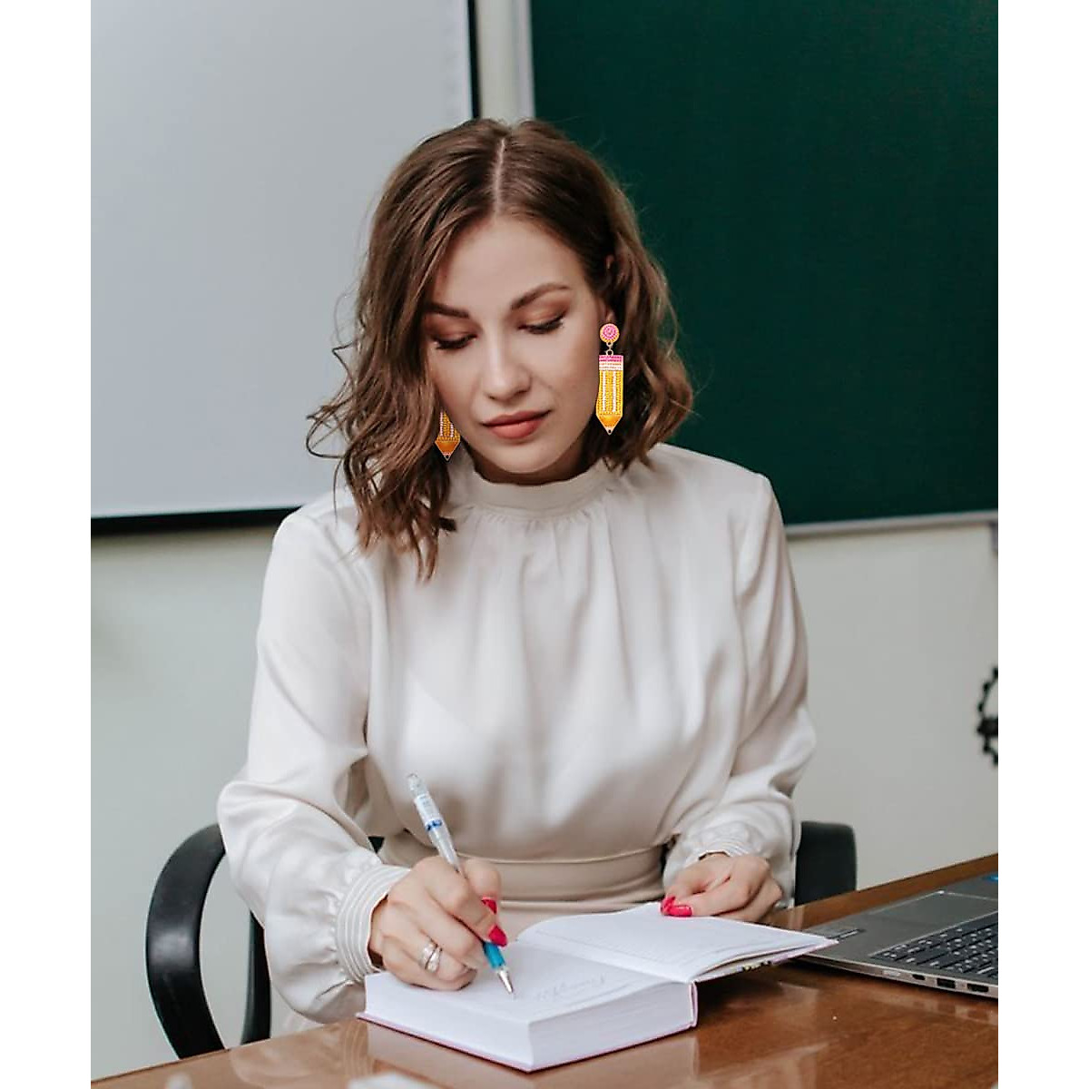 Teacher Earrings Beaded Pencil Earrings for Women Handmade Beaded Dangle Drop Earrings Back To School Teacher Appreciation Gift (Yellow)