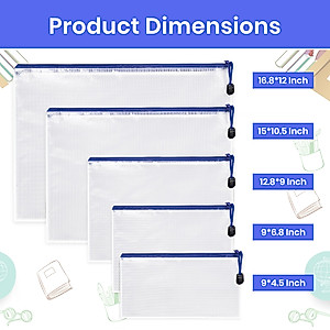 Omnifense 20pcs File Document Pouch 5 Sizes, Versatile Mesh Plastic Zipper Bag for Office Supplies, School Stationery, Travel Organization, and Toy Storage, Waterproof Materials