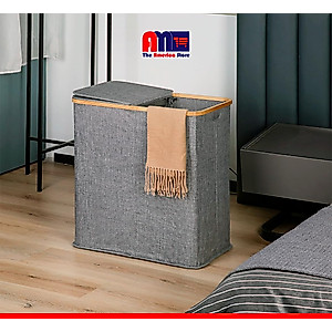 AM The America Store - Double Laundry Hamper with Lid, Divided Laundry Hamper with Removable Bags, 2 Section Dirty Clothes Basket with Handles for Bathroom, Bedroom & Laundry Room, 150L (GREY)