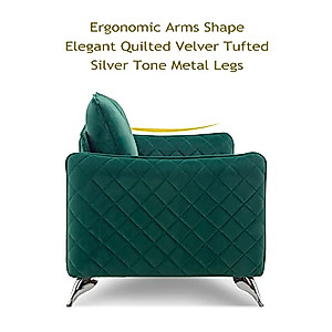Artechworks Velvet Modern Loveseat Sofa Couch, Tufted Upholstery, Comfy Reception Love Seats, 2- Seat Chair Couch for Office, Home, Bedroom, Living Room, Apartment, Silver Tone Metal Legs, Dark Green