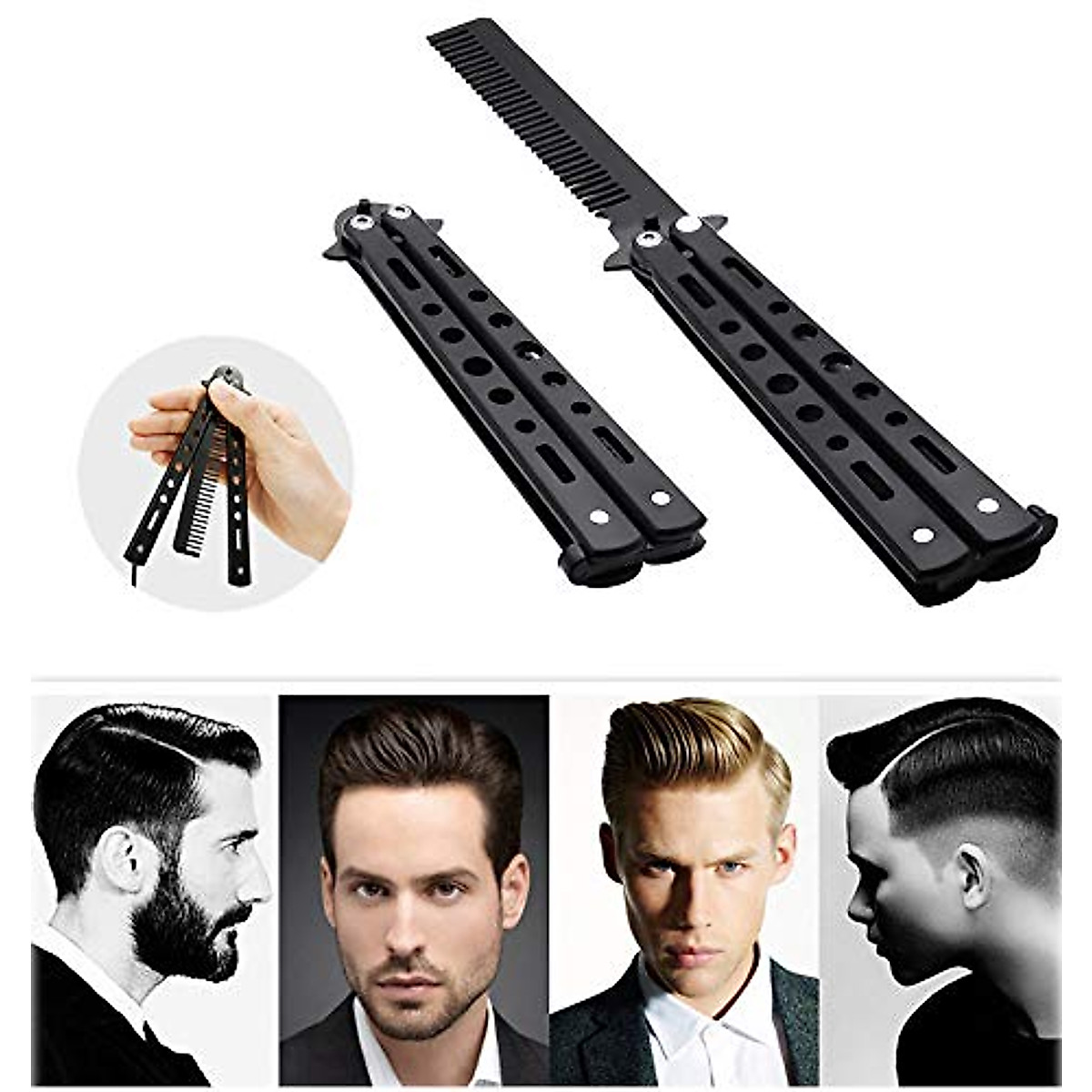 Stainless Steel Beard Comb Men's Hair, Beard and Mustache Styling Comb Steel Practice Training Butterfly Comb (Black)