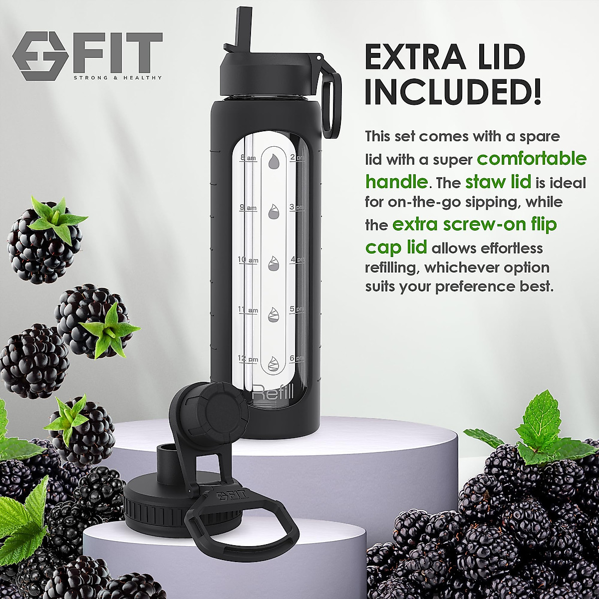 32 oz Glass Water Bottle with Straw Lid, Time Marker, Sleeve & Extra Lid - Motivational, Wide Mouth, Large BPA-Free 1 Liter Glass Water Bottle, Glass Drinking Bottle, Waterbottle (Black Sleeve)