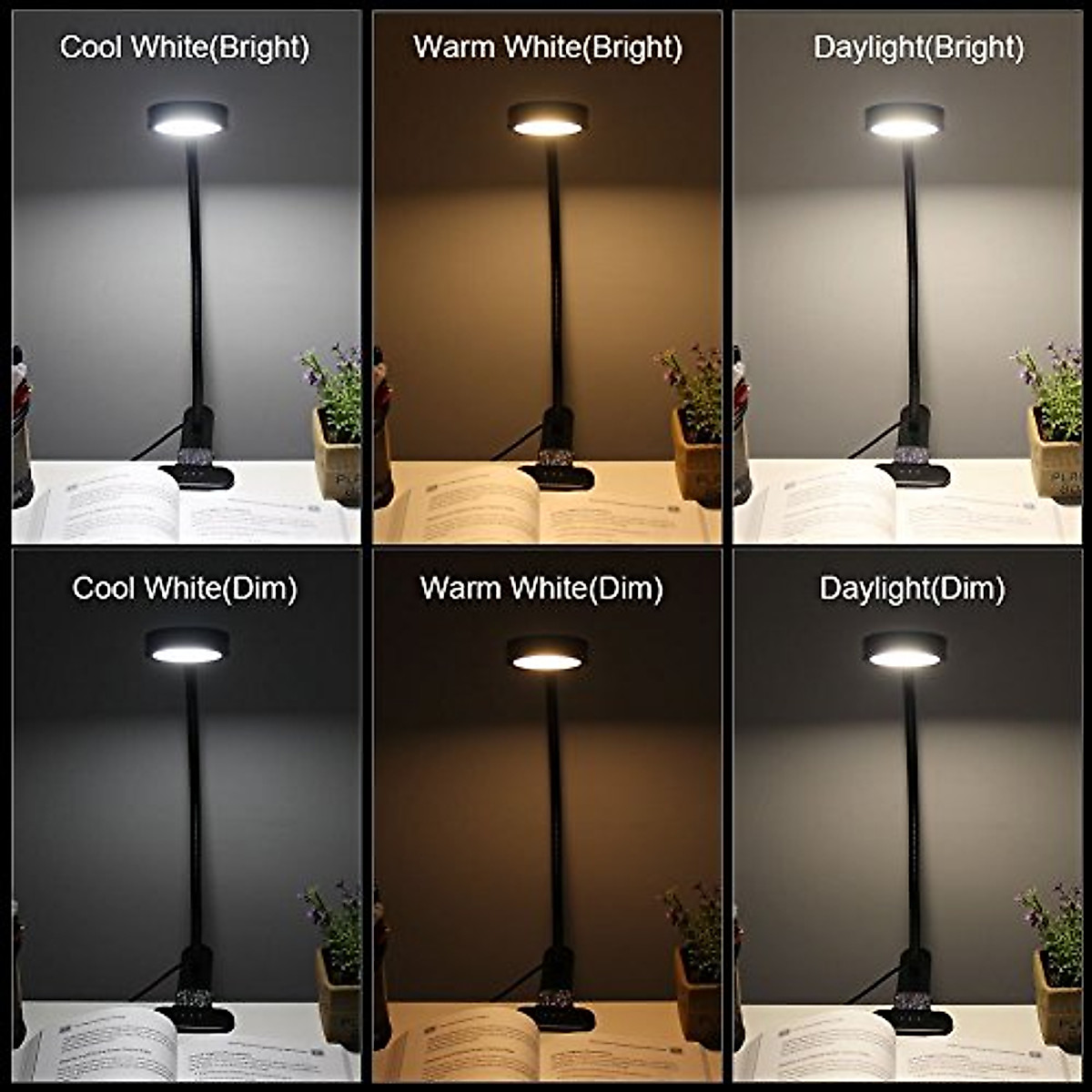 EYOCEAN Clip on Light Reading Lights, Desk Lamps, Eye Protection Kids Desk Lamp with Strong Clamp, Flexible Night Light 3 Modes 9 Dimming Levels(Included AC Adapter) Black