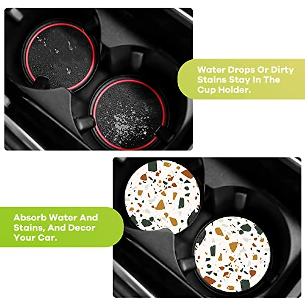 Sunflower Car Coasters for Drinks Absorbent with Cork, Cute Ceramic Car Coasters Set of 2 with A Finger Notch for Easy Removal,Auto Accessories for Women & Men