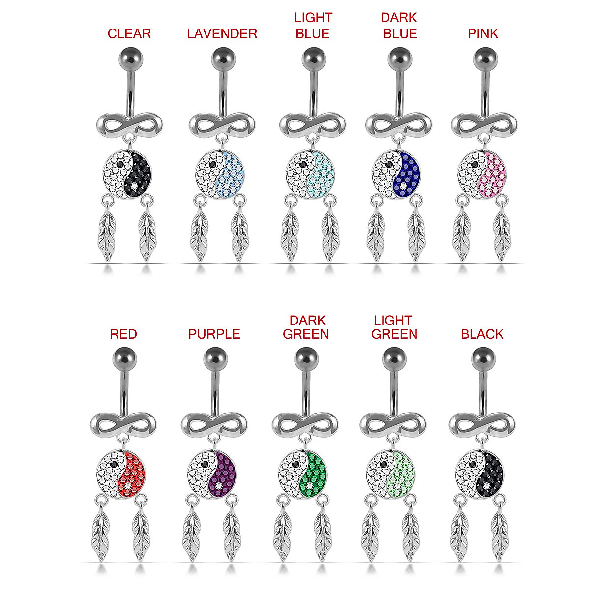 Black Multi Crystal Gemstone Stylish Infinity with Yin Yang and Dream Catcher Dangling 925 Sterling Silver Belly Ring Body Jewelry