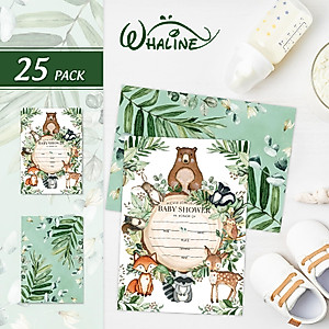 Whaline 25 Sets Woodland Baby Shower Party Invitations with Envelope Stickers Watercolor Forest Animal Greenery Invitation Cards Blank Invites for Baby Shower Birthday Party Supplies, 5 x 7 Inch