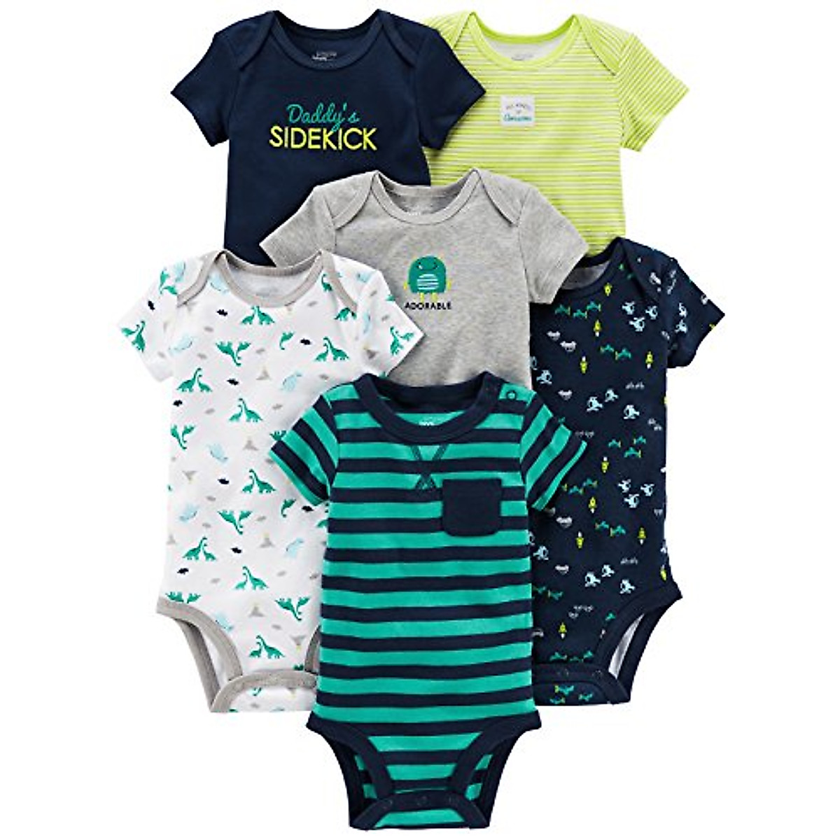 Simple Joys by Carter's Baby Boys' Short-Sleeve Bodysuit, Pack of 6, Multicolor/Cars/Dinosaur/Stripe, 3-6 Months