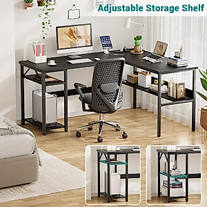 Hyomdeck Reversible L Shaped Computer Desk with Power Outlets and USB Charging Ports, Sturdy Corner Desk with Storage Shelf, Modern Work Gaming Table for Home Office, Easy to Assemble, Black