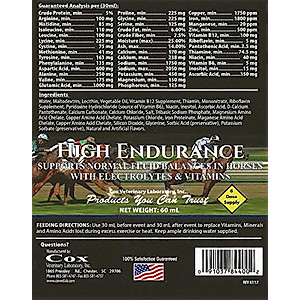 High Endurance Oral Paste Horse Supplement for Horses—3-Pack. Electrolytes, Vitamins and Minerals to Help Prevent Dehydration. Three 60-ml Easy-Dose Syringes. Cox Veterinary Lab. Made in USA.