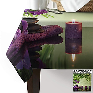 Cotton Linen Tablecloth Zen Spa Rectangle, 60" Wx140 L Wrinkle-Free Table Cloth Cover Butterfly Orchid Zen Basalt Stones Candle Purple Table Decorative for Wedding Dinning Party Banquet Tabletop