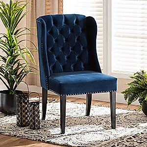 Baxton Studio Lamont Modern Contemporary Transitional Navy Blue Velvet Fabric Upholstered and Dark Brown Finished Wood Wingback Dining Chair