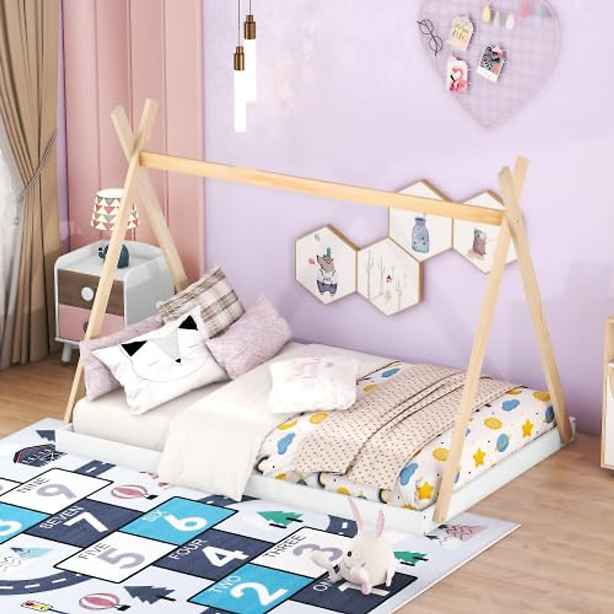 anwickjeff Full Size Tent Floor Bed with Triangle Structure, Moden Full Teepee Bed Platform Bed Frame,Wood Montessori Floor Bed for Kids Girls Boys (White+Natural)
