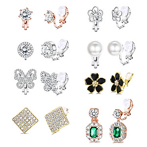 sailimue 8 Pairs Clip Earrings Sets for Women Fashion Cubic Zirconia CZ Crystal Freshwater Pearl Earrings Hypoallergenic Non Pierced Clip on Earrings Jewelry